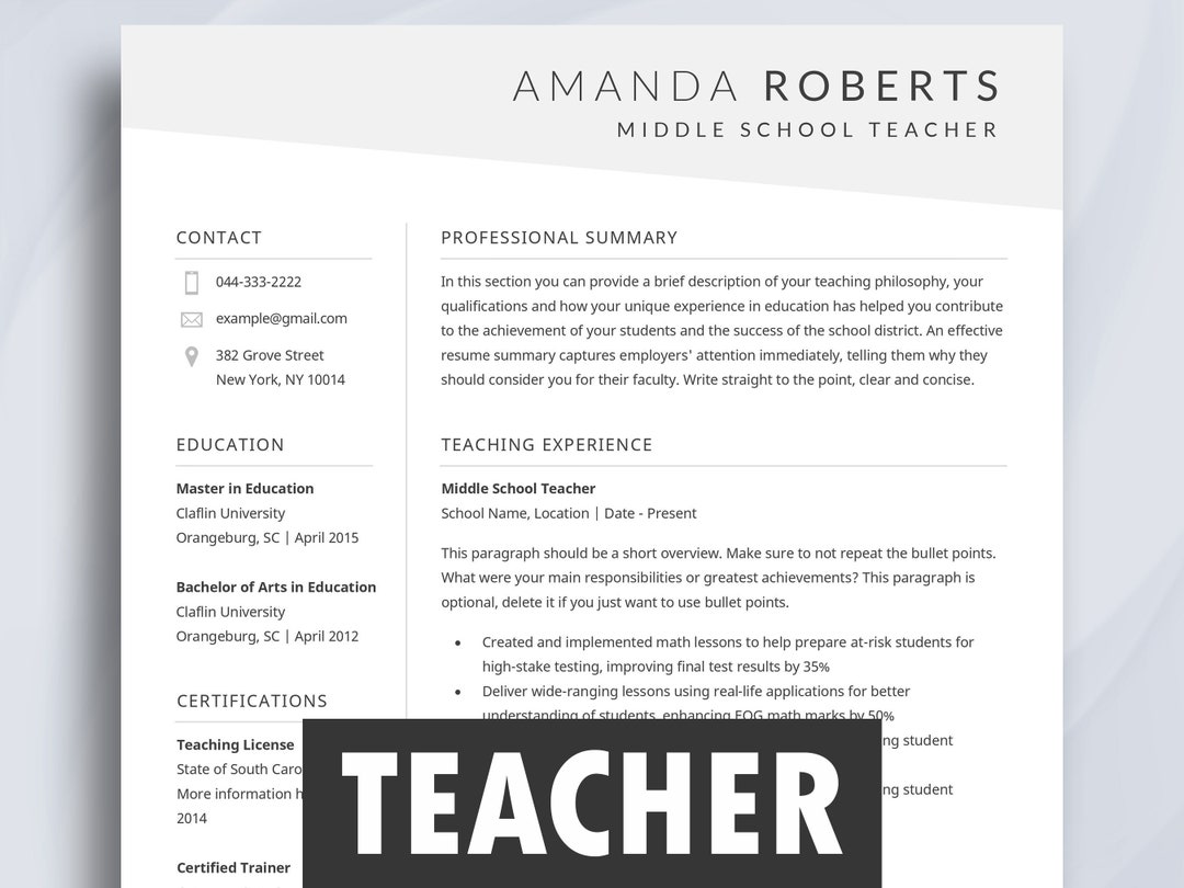 Teacher Resume Template for Word Teaching Resume - Etsy
