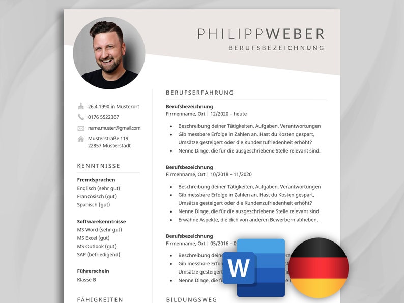 Bewerbungsvorlagen Word Bewerbung Word Lebenslauf Vorlage Deutsch CV ...