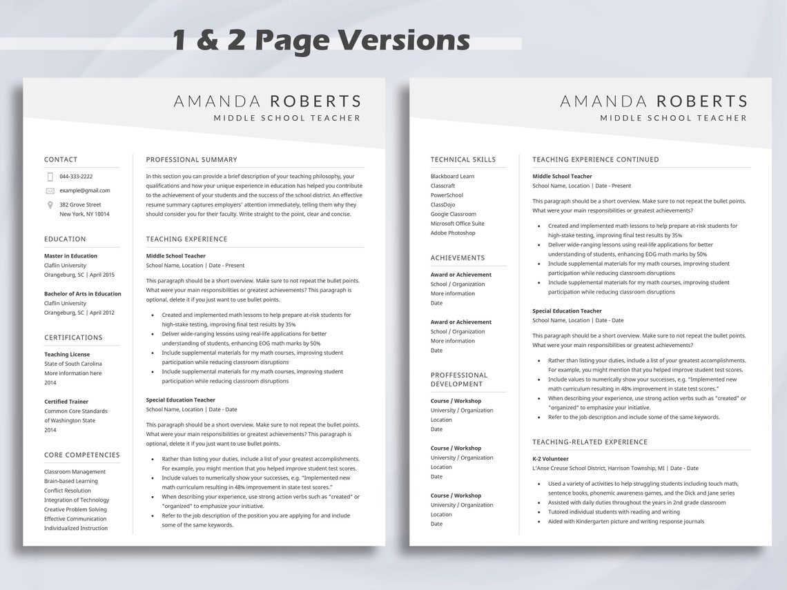 Teacher Resume Template for Word | Teaching Resume | Elementary Teacher ...