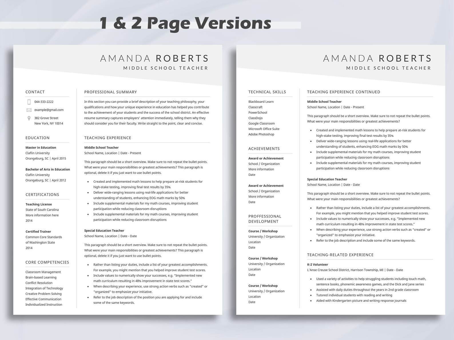 Teacher Resume Template for Word | Teaching Resume | Elementary Teacher ...