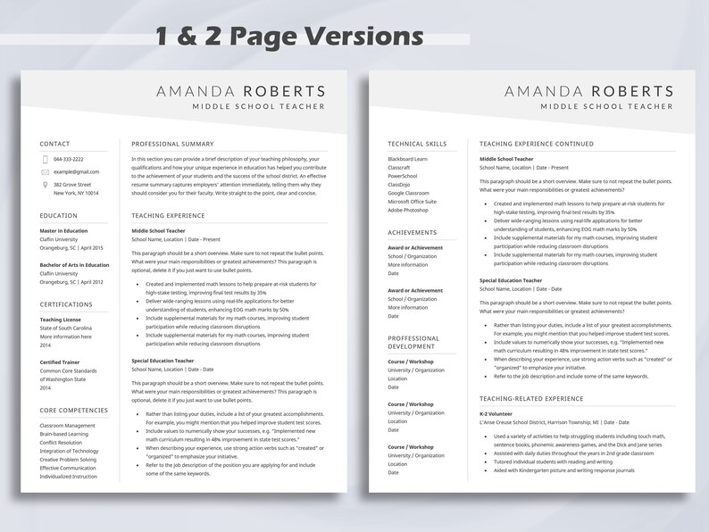 Teacher Resume Template for Word | Teaching Resume | Elementary Teacher ...