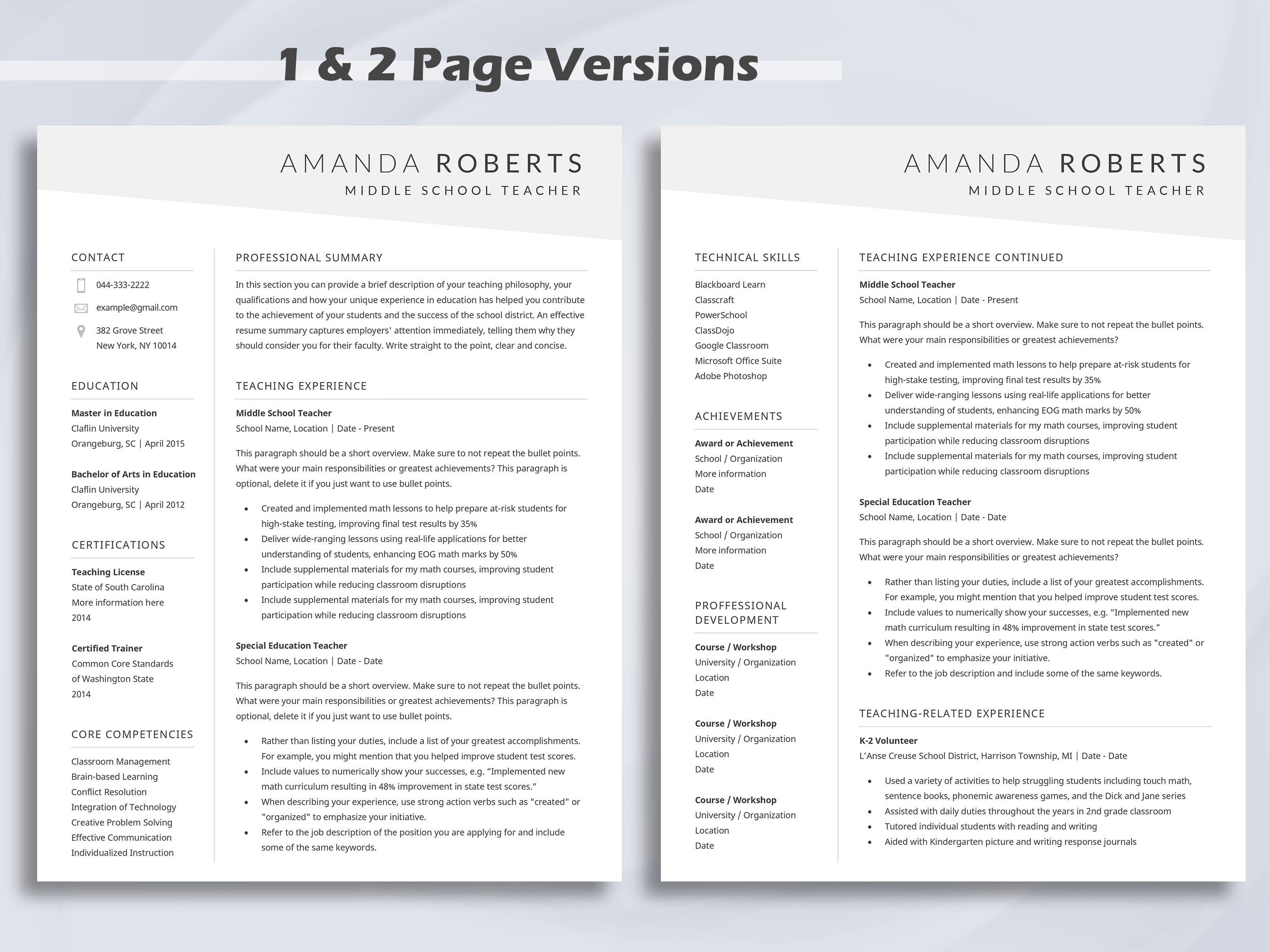 Teacher Resume Template for Word | Teaching Resume | Elementary Teacher ...