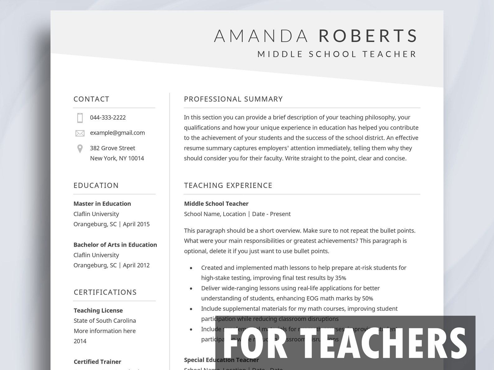 Teacher Resume Template for Word Teaching Resume Elementary Teacher ...