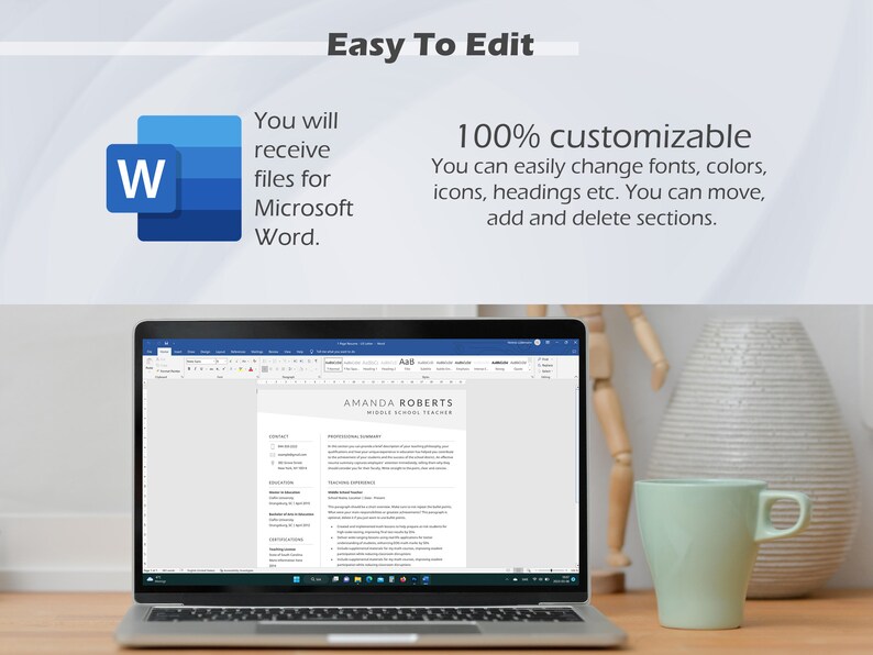 Teacher Resume Template for Word | Teaching Resume | Elementary Teacher ...