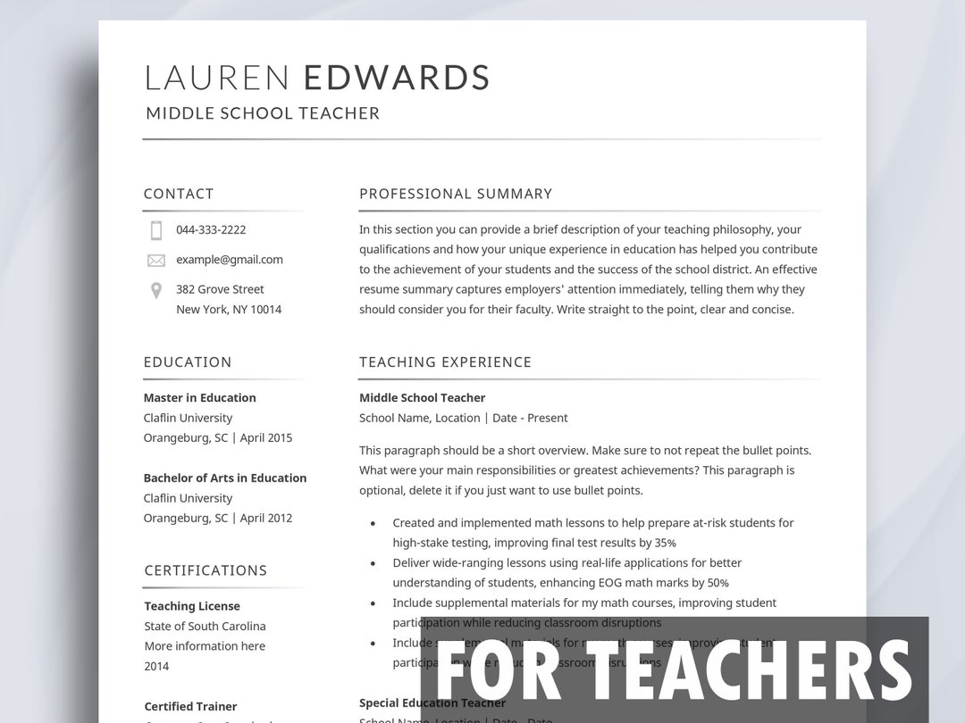 Teacher Resume Template for Word Teaching Resume Elementary Teacher ...