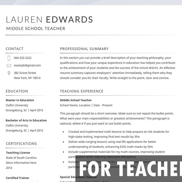 Teacher Resume - Etsy