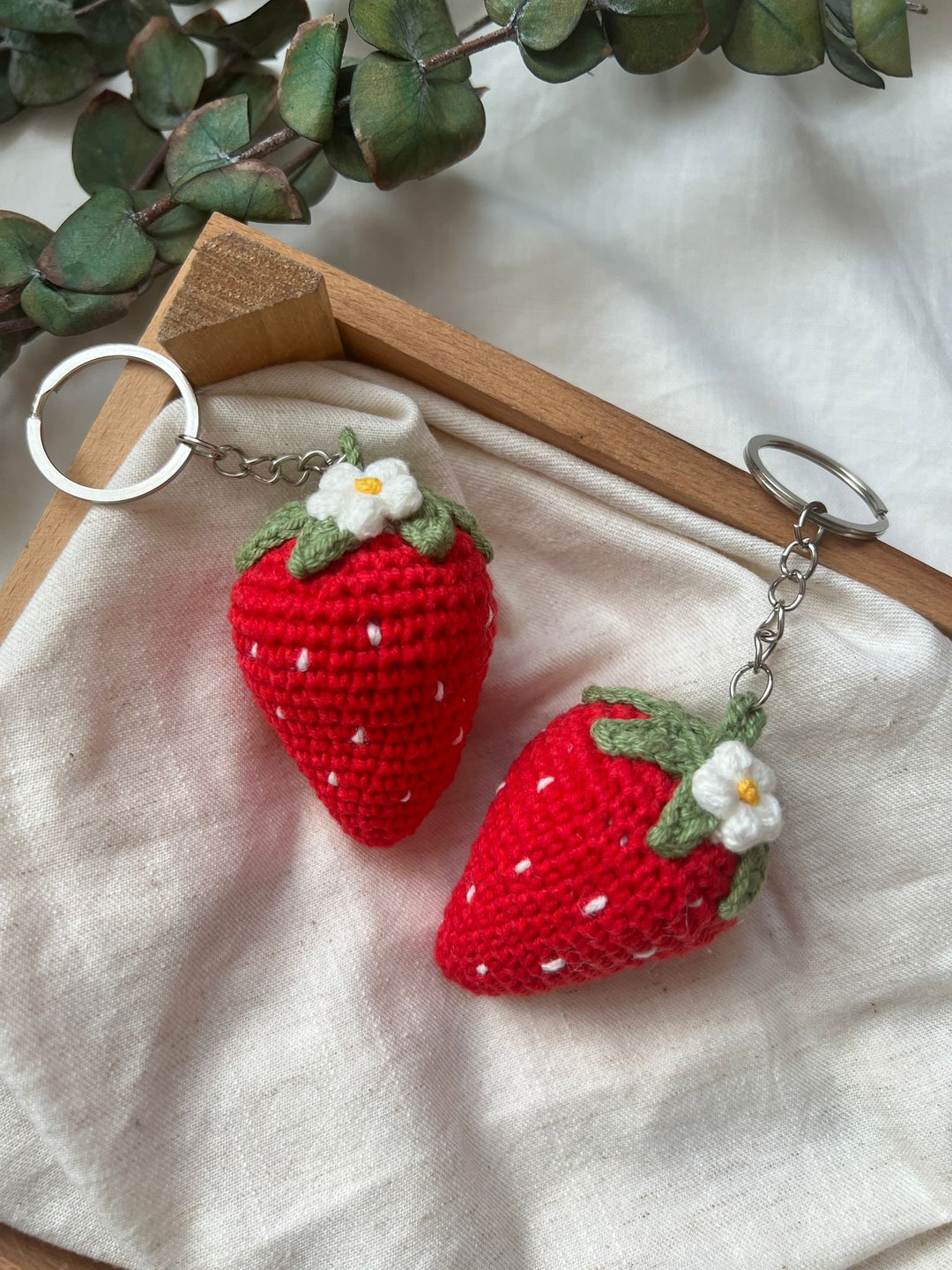 Crochet Strawberry Keychain, Crochet Fruit Keyring, Handmade Strawberry ...