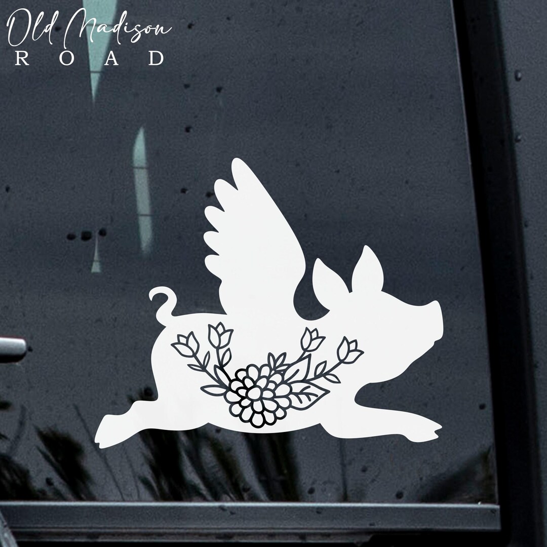 Flying Pig Decal - Pig and Flower Decal - Country Decal - Pig Car Decal ...