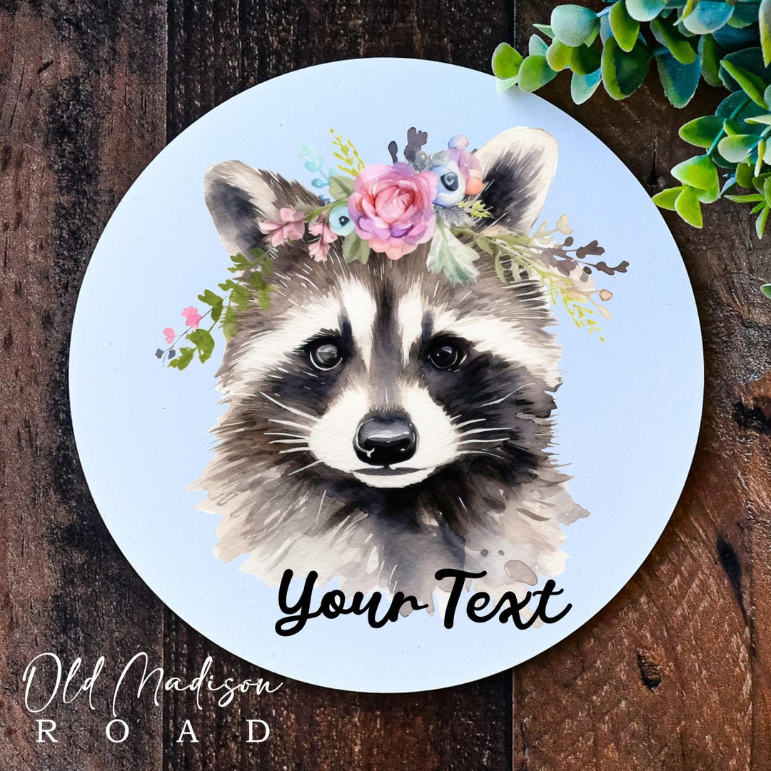 Round Wreath Sign - Woodland Animal Sign - Cute Raccoon Metal Sign ...
