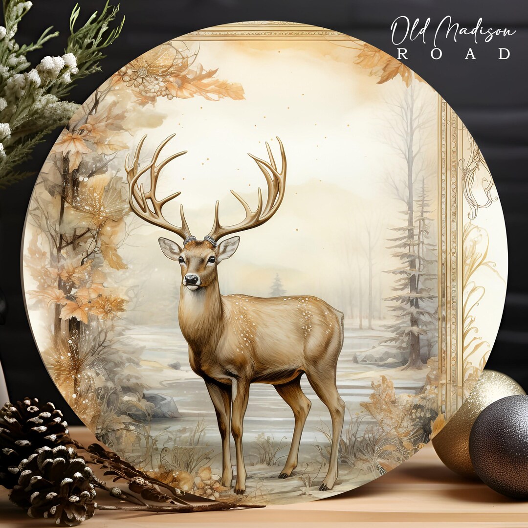 Christmas Wreath Sign - Reindeer Christmas Sign - Gold Round Wreath ...