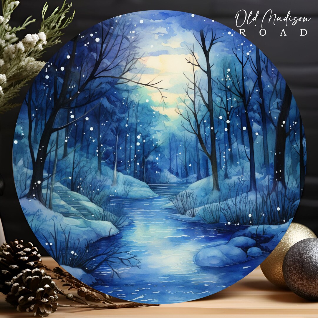 Wreath Sign - Winter Scene Sign - Dark Blue and Gold Round Wreath Sign ...