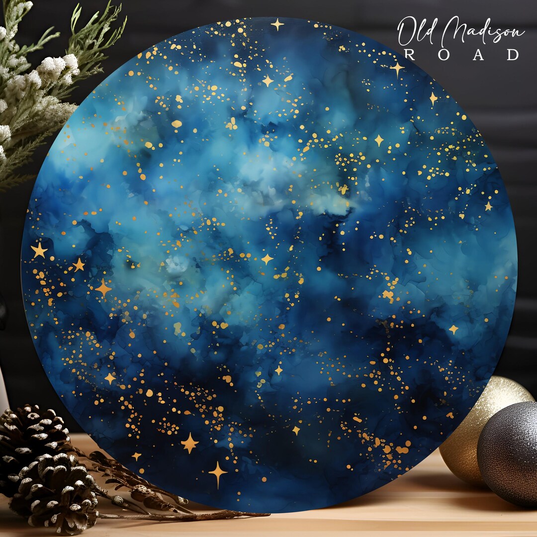 Wreath Sign - Starry Night Sign - Dark Blue and Gold Round Wreath Sign ...