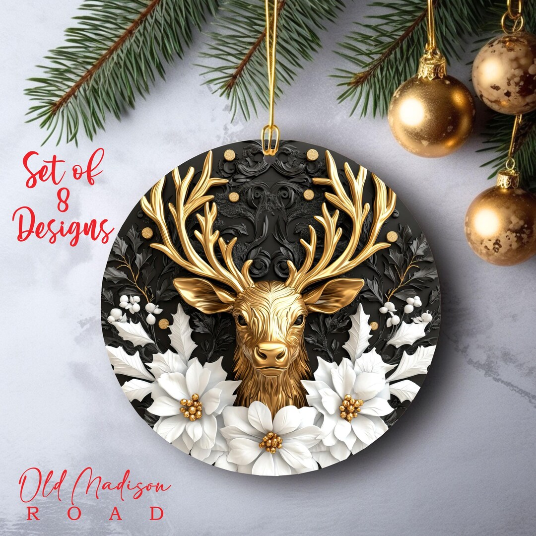 Christmas Ornament Set - Black and Gold Ornament Set - Set of 8 ...