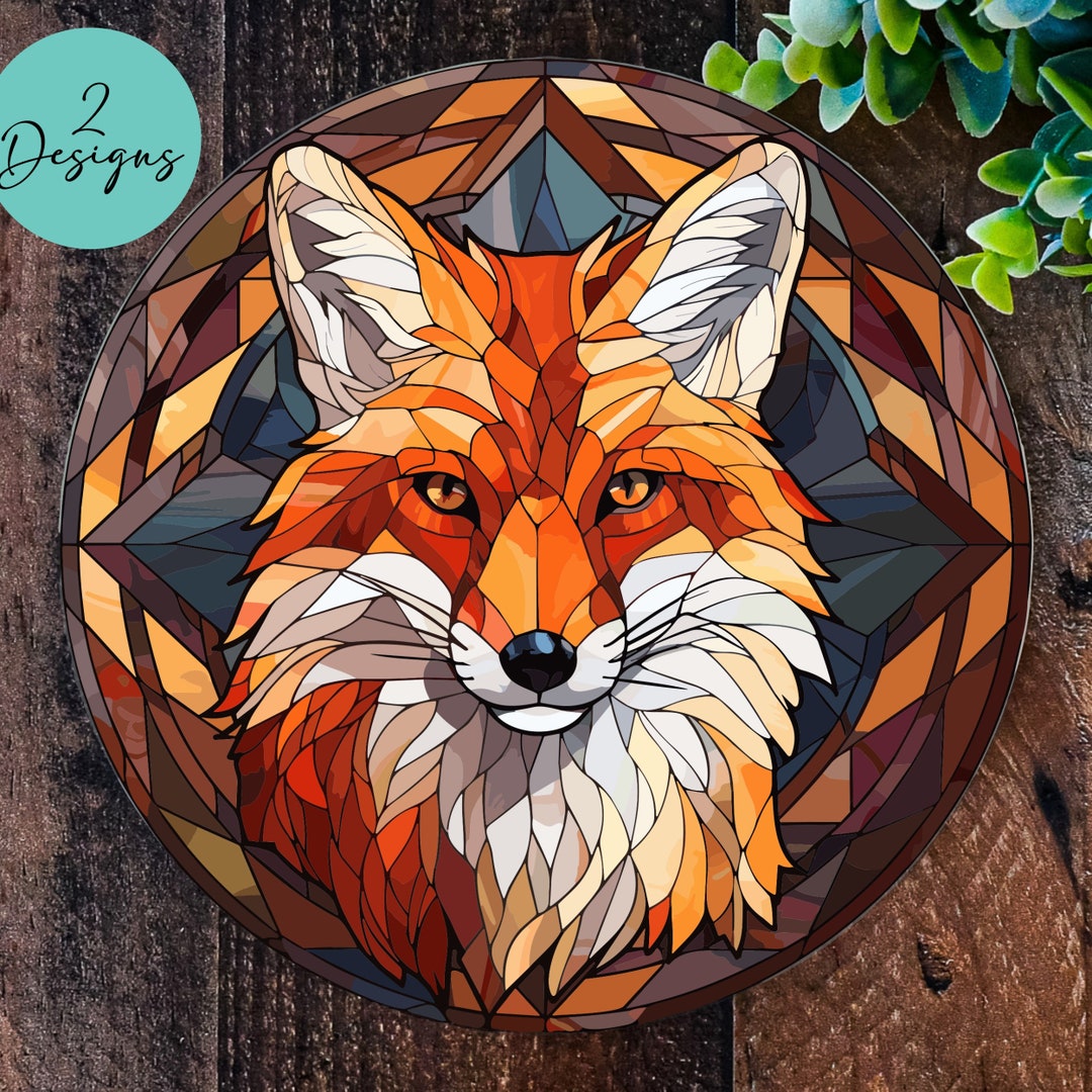 Wreath Sign, Stained Glass Look Fox Wreath Sign, Fox Wreath Sign, Round ...