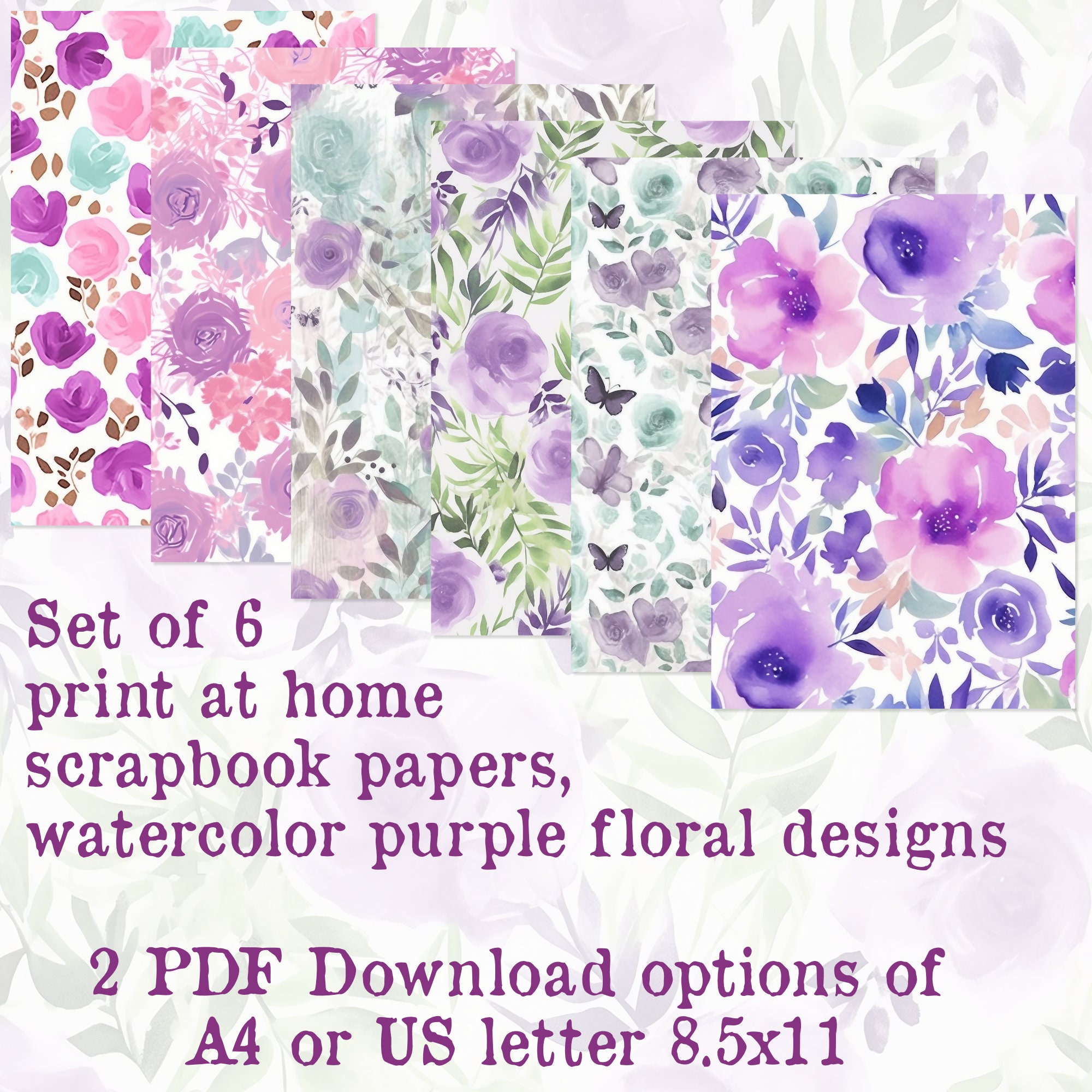 Purple Watercolor Flowers Printable Scrapbook Paper Digital Print at ...
