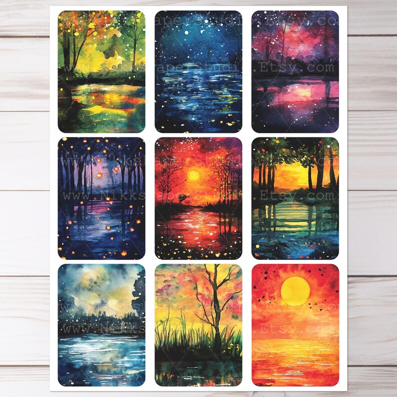 Night Sunset Art Cards Set Printable Junk Journal Ephemera Mini ...