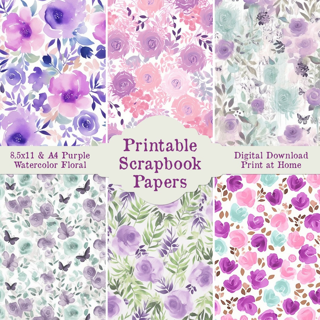 Purple Watercolor Flowers Printable Scrapbook Paper Digital Print at ...