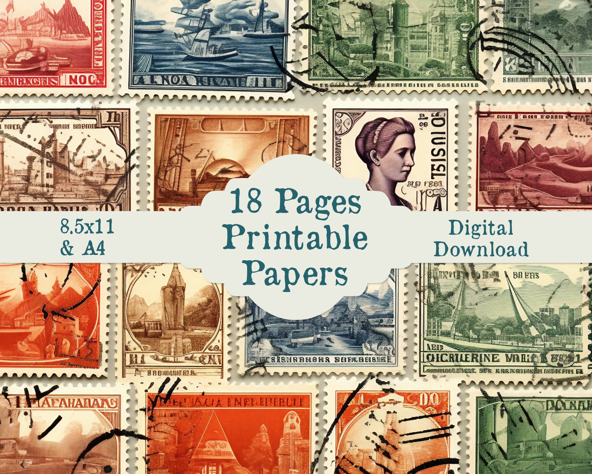 Vintage Stamps Mail Postage Junk Journal Ephemera Paper Pages Travel ...