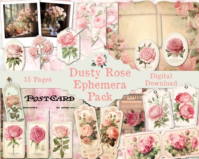 Vintage Rose Junk Journal Printable Ephemera Kit Fussy Cut Download