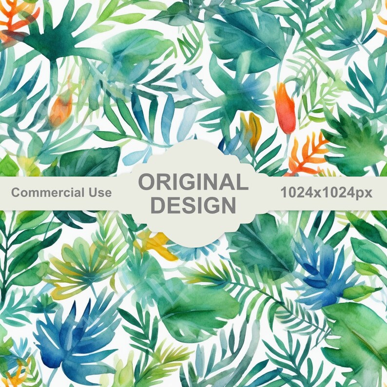 Jungle Leaves Watercolor Digital Paper Commercial Use Flowers Seamless ...