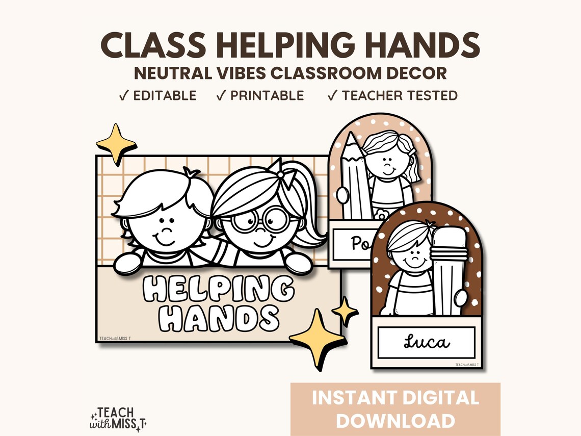 Neutral Boho Classroom Jobs Chart: Editable Helping Hands Display ...