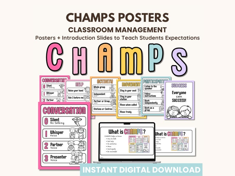 CHAMPS Posters Classroom Management Resources | Bright Classroom Decor ...