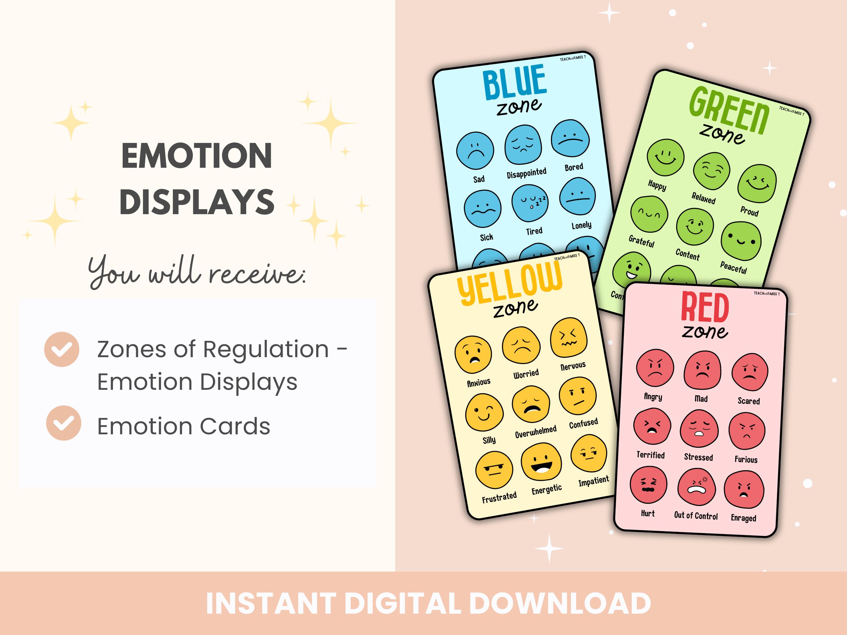 Zones of Regulation Emotion Cards for Kids | Emotion Flashcards ...