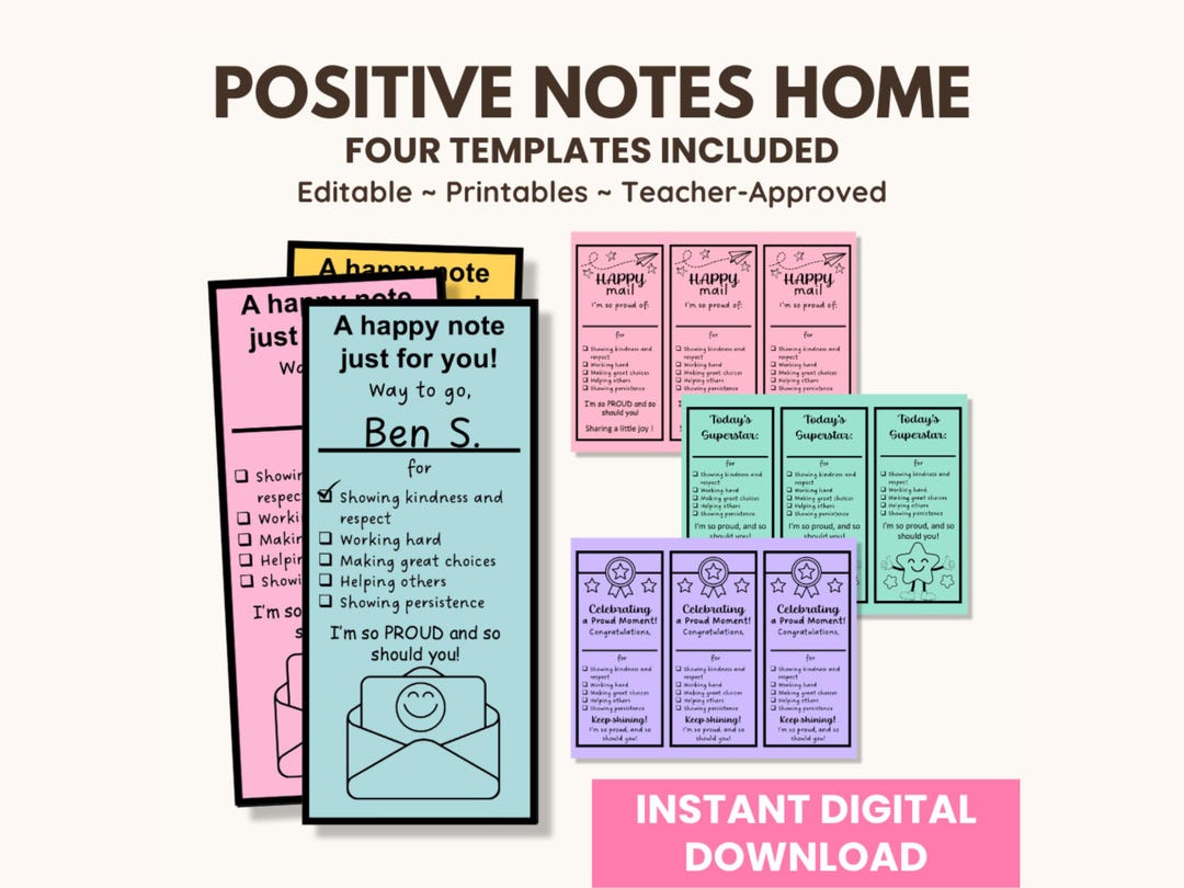 Positive Teacher Notes Home: Editable Student Success Templates ...