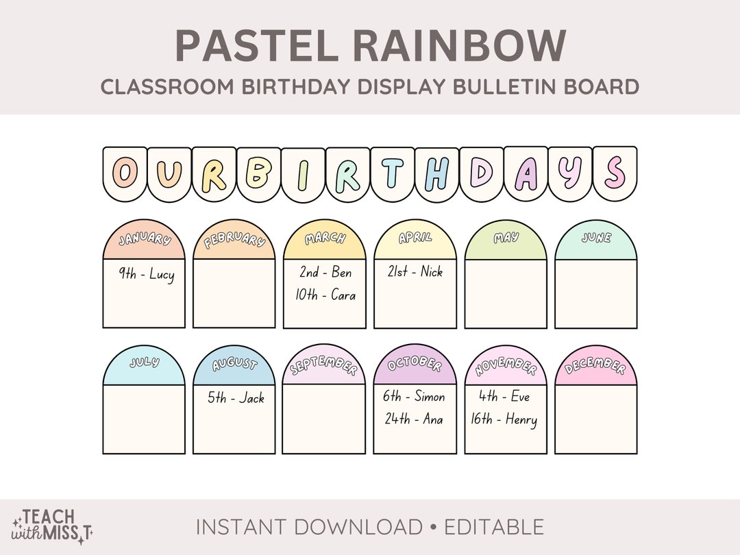 Pastel Rainbow Classroom Birthday Display Bulletin Board Back to School ...