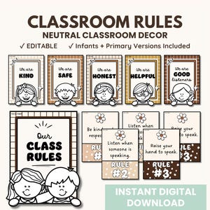 Neutral Classroom Rules Poster Set: Editable, Printable (digital ...