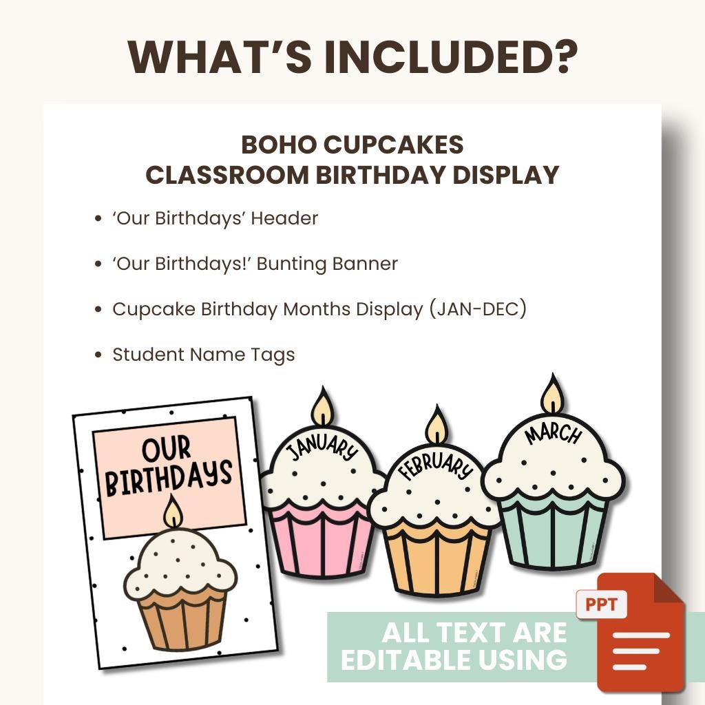 Boho Cupcakes Classroom Birthday Display (digital Download) - Etsy