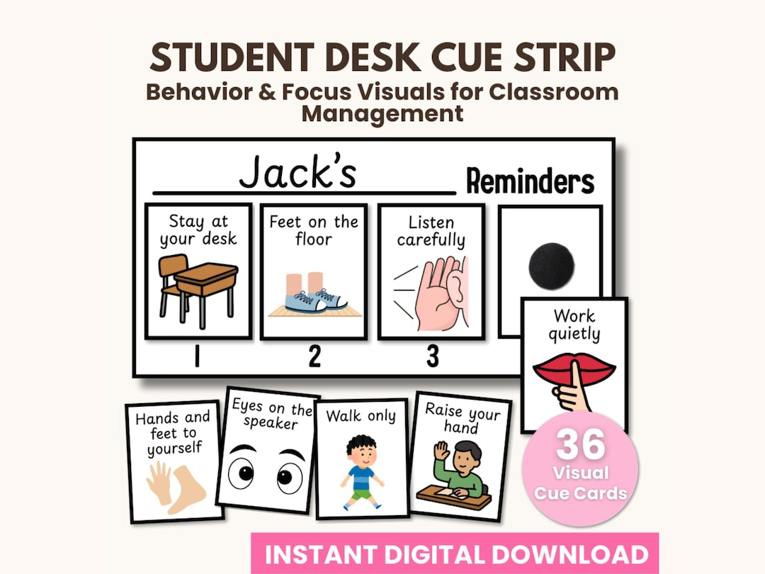 Student Desk Strips: Visual Cue Cards | Classroom Visuals | ADHD Tools ...