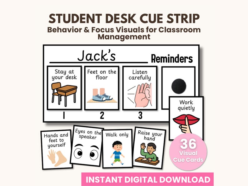 Student Desk Strips: Visual Cue Cards | Classroom Visuals | ADHD Tools ...