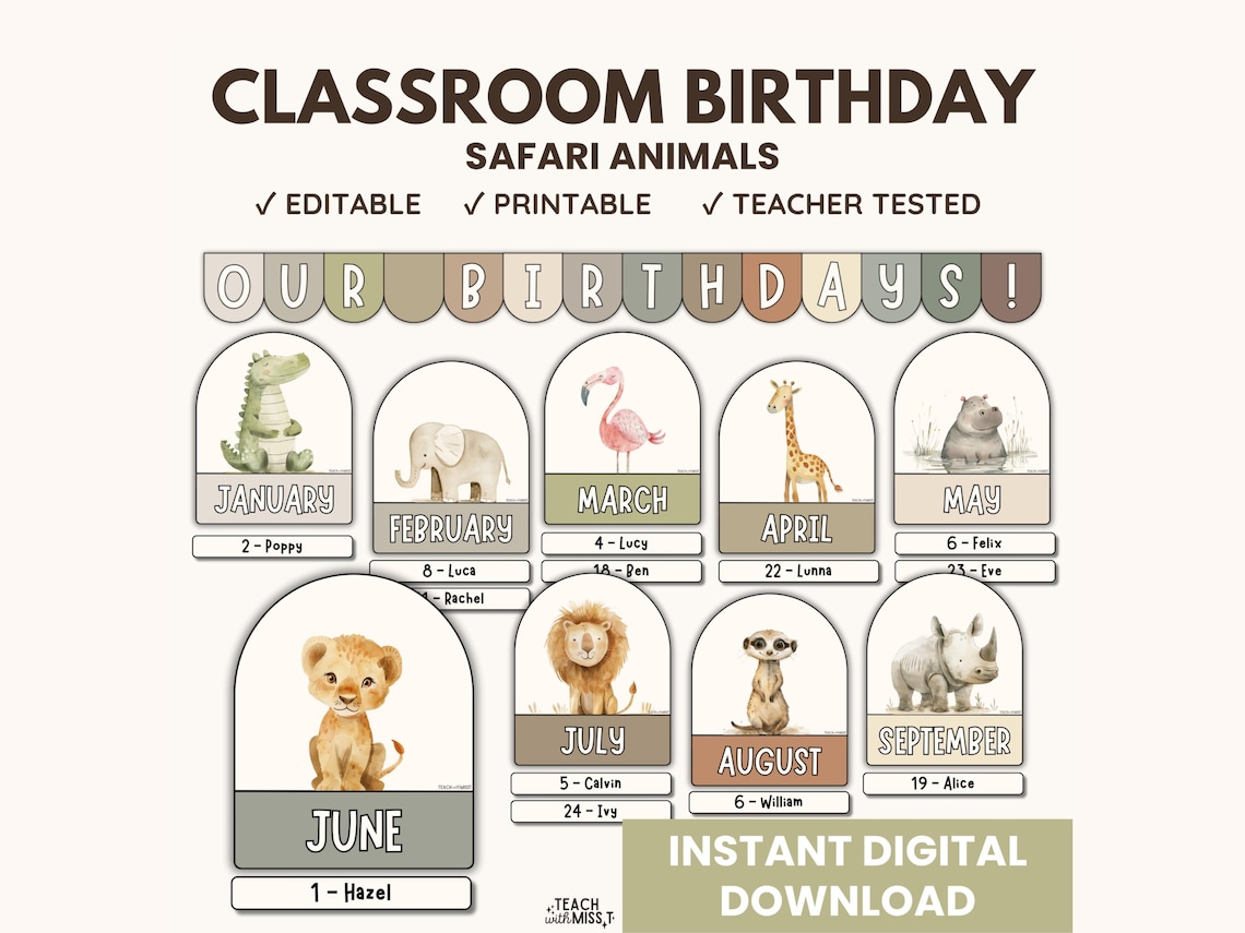 Safari Classroom Birthday Display: Jungle Animals Bulletin Board Kit ...