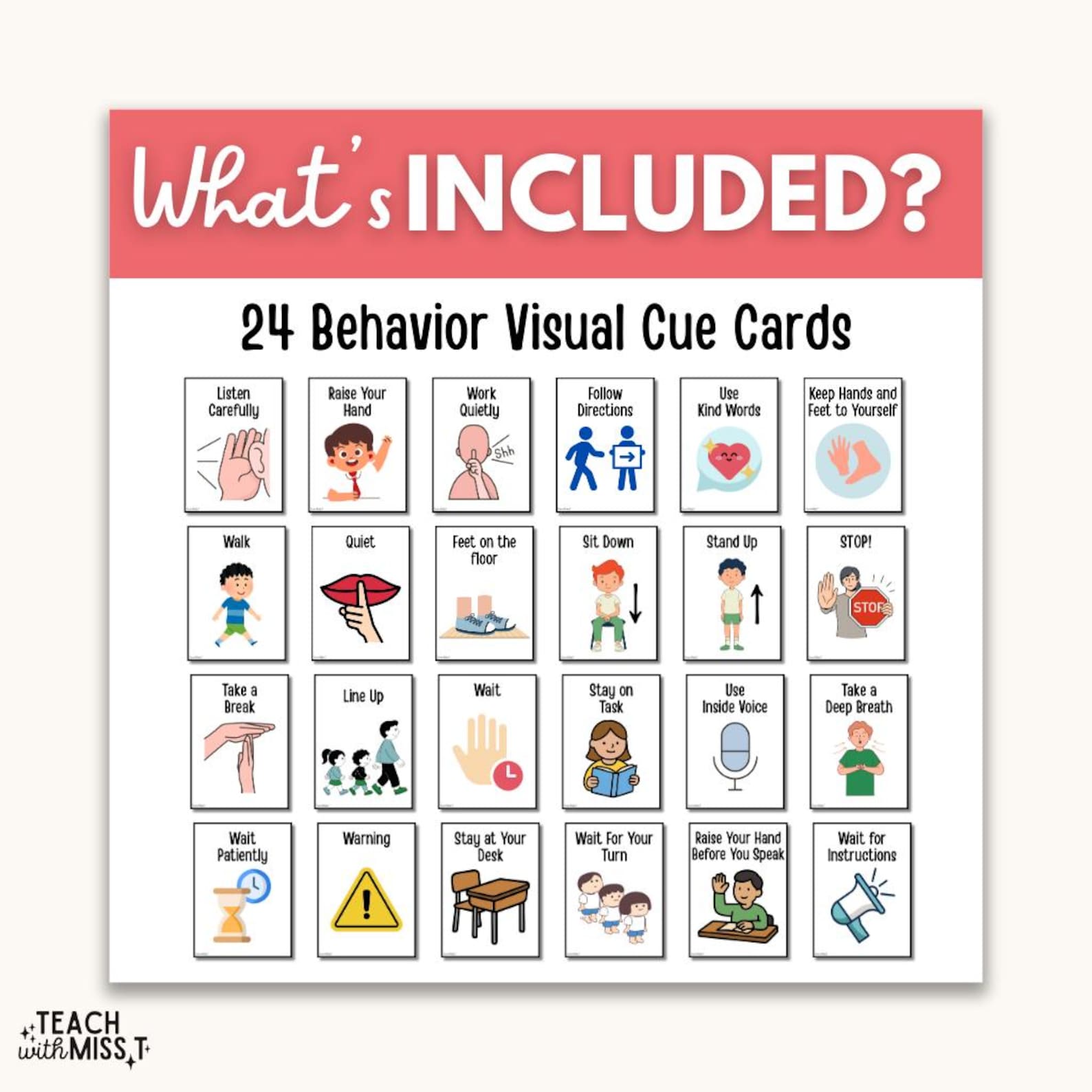 Classroom Behavior Management Visual Cue Cards: 24 Flashcards (digital ...