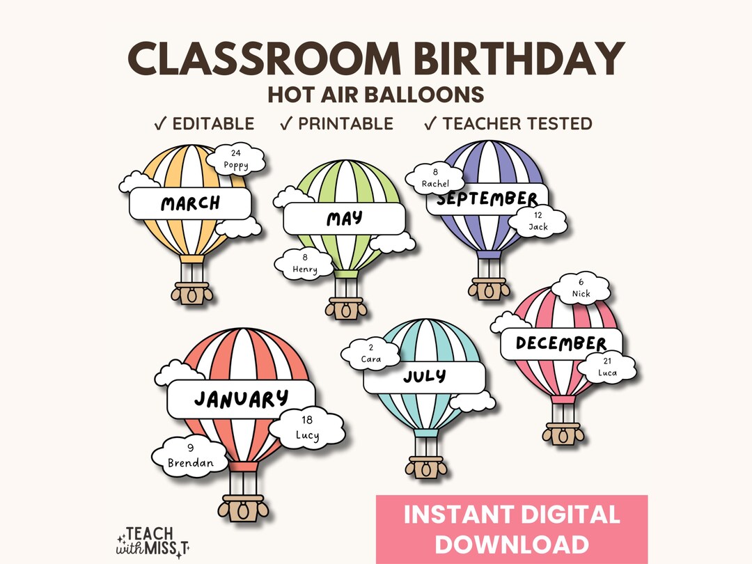 Hot Air Balloon Birthday Bulletin Board: Rainbow Classroom Decor ...