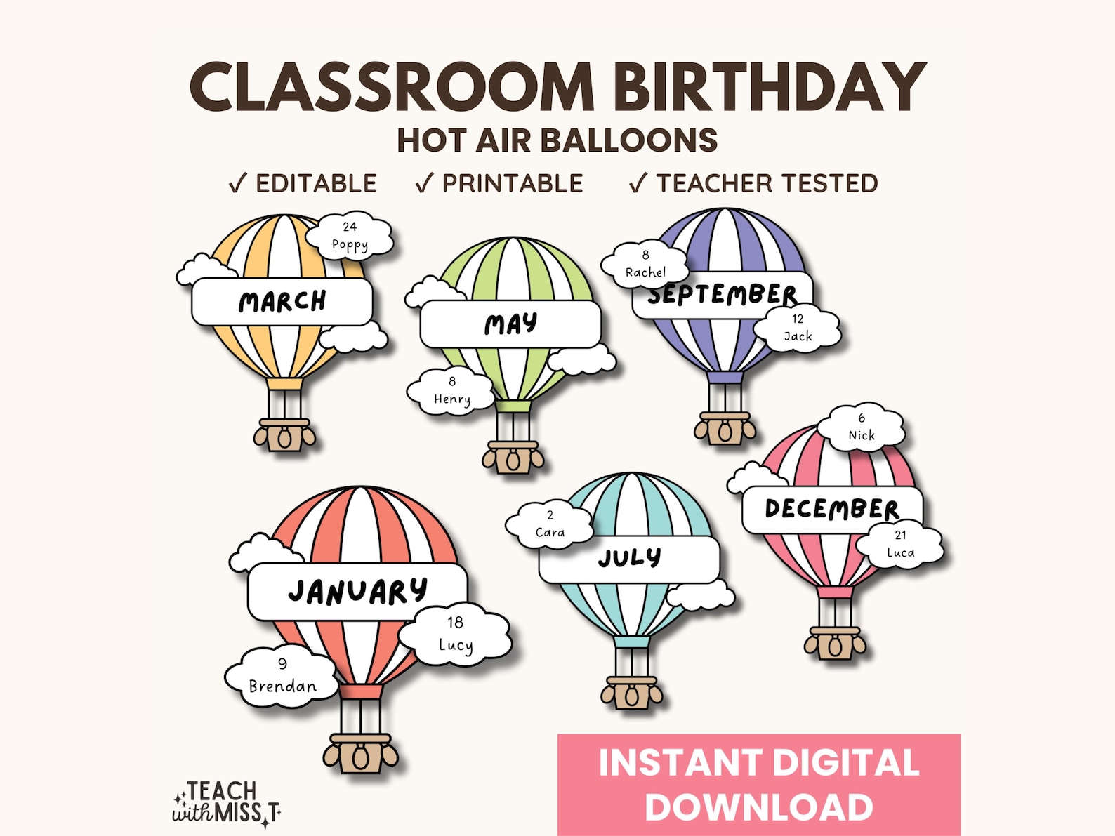 Hot Air Balloon Birthday Bulletin Board: Rainbow Classroom Decor ...