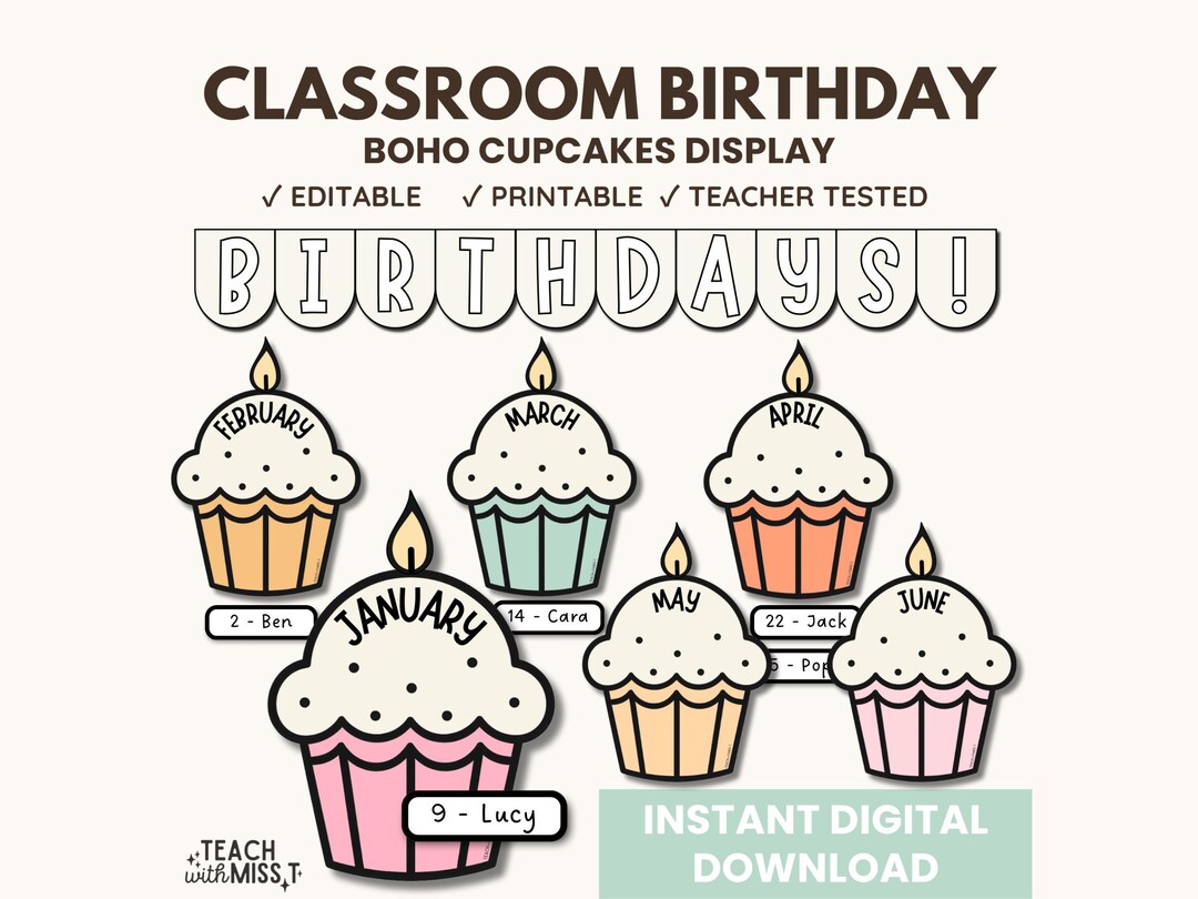 Boho Cupcakes Classroom Birthday Display | Calm Class Birthday Displays ...