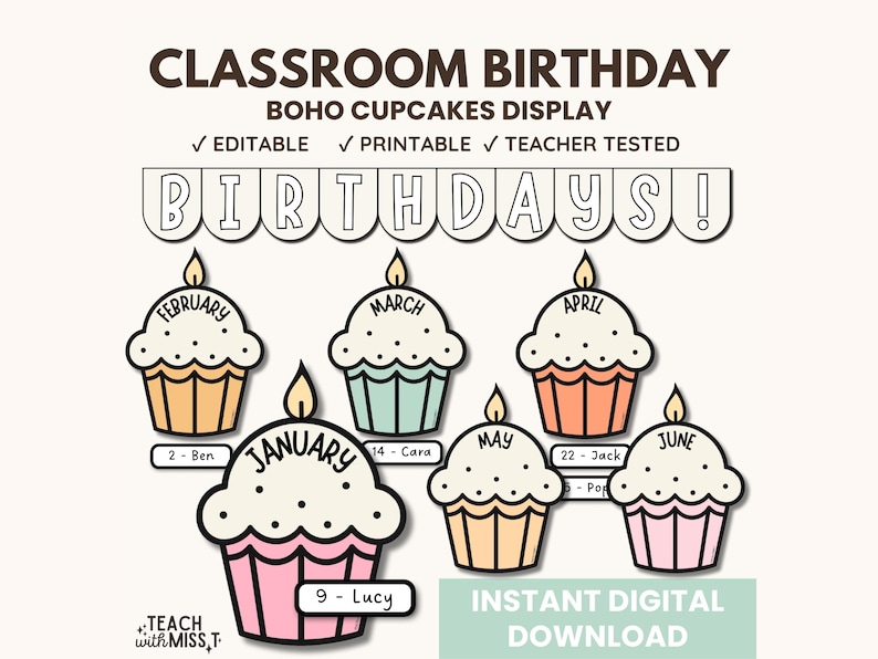 Boho Cupcakes Classroom Birthday Display (digital Download) - Etsy