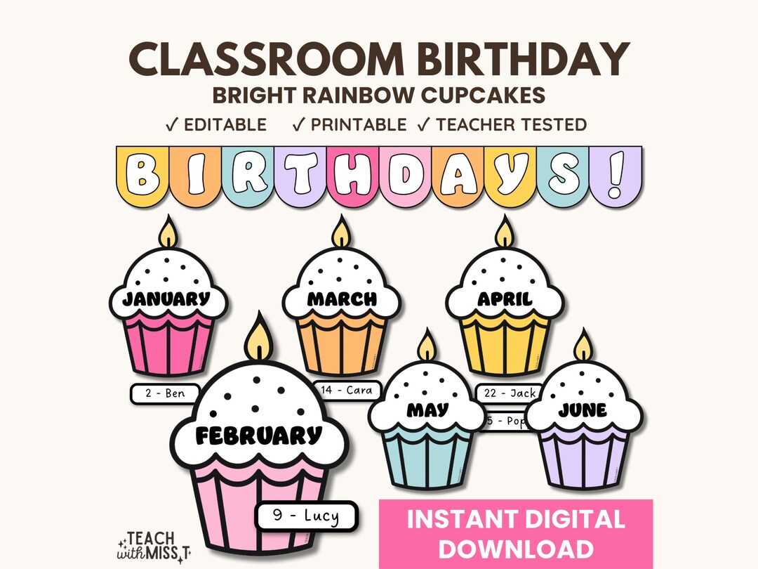 Rainbow Birthday Bulletin Board Kit: Editable Classroom Decor (digital ...