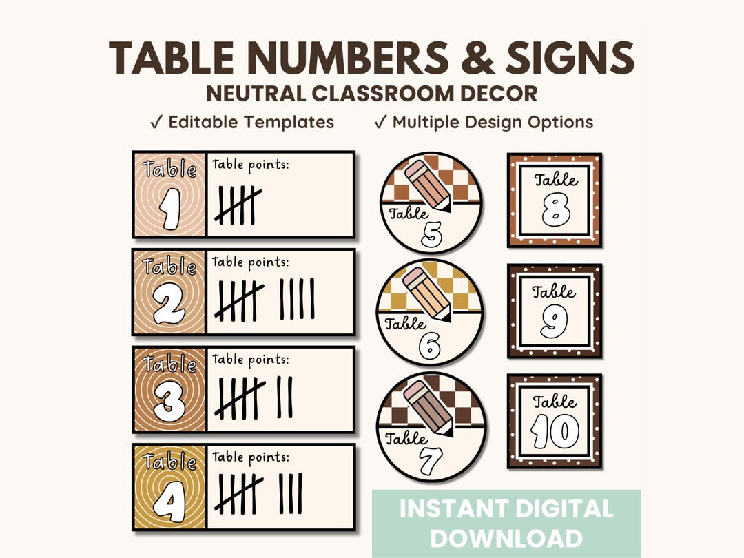 Neutral Classroom Decor Table Numbers & Signs: Editable Templates ...
