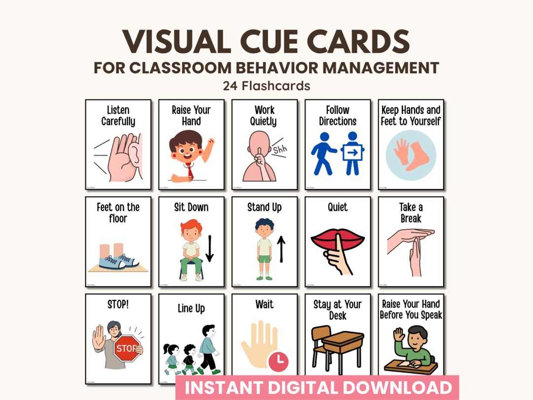 Classroom Behavior Management Visual Cue Cards: 24 Flashcards (digital ...