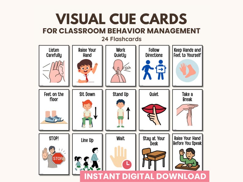 Classroom Behavior Management Visual Cue Cards: 24 Flashcards (digital ...