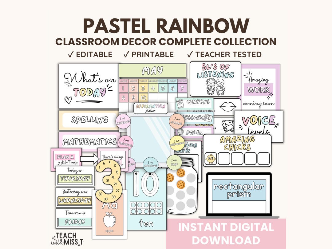 Pastel Rainbow Classroom Display Bundle Decor Editable | Back to School ...