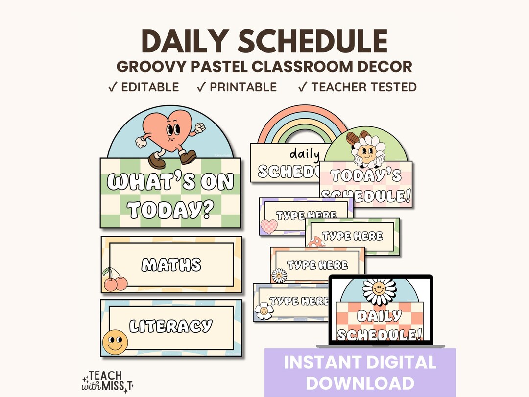 Groovy Pastel Classroom Schedule Kit: Editable Bulletin Board (digital ...