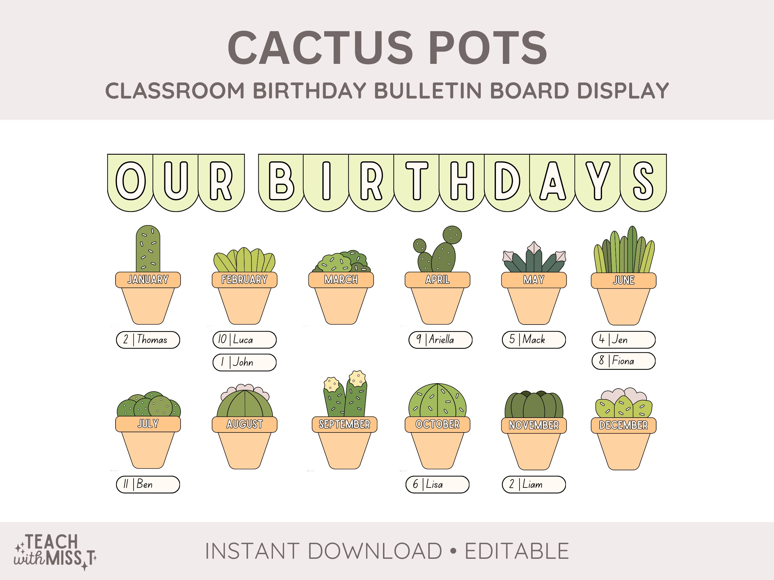Cactus Classroom Birthday Display Bulletin Board Bundle Succulent ...