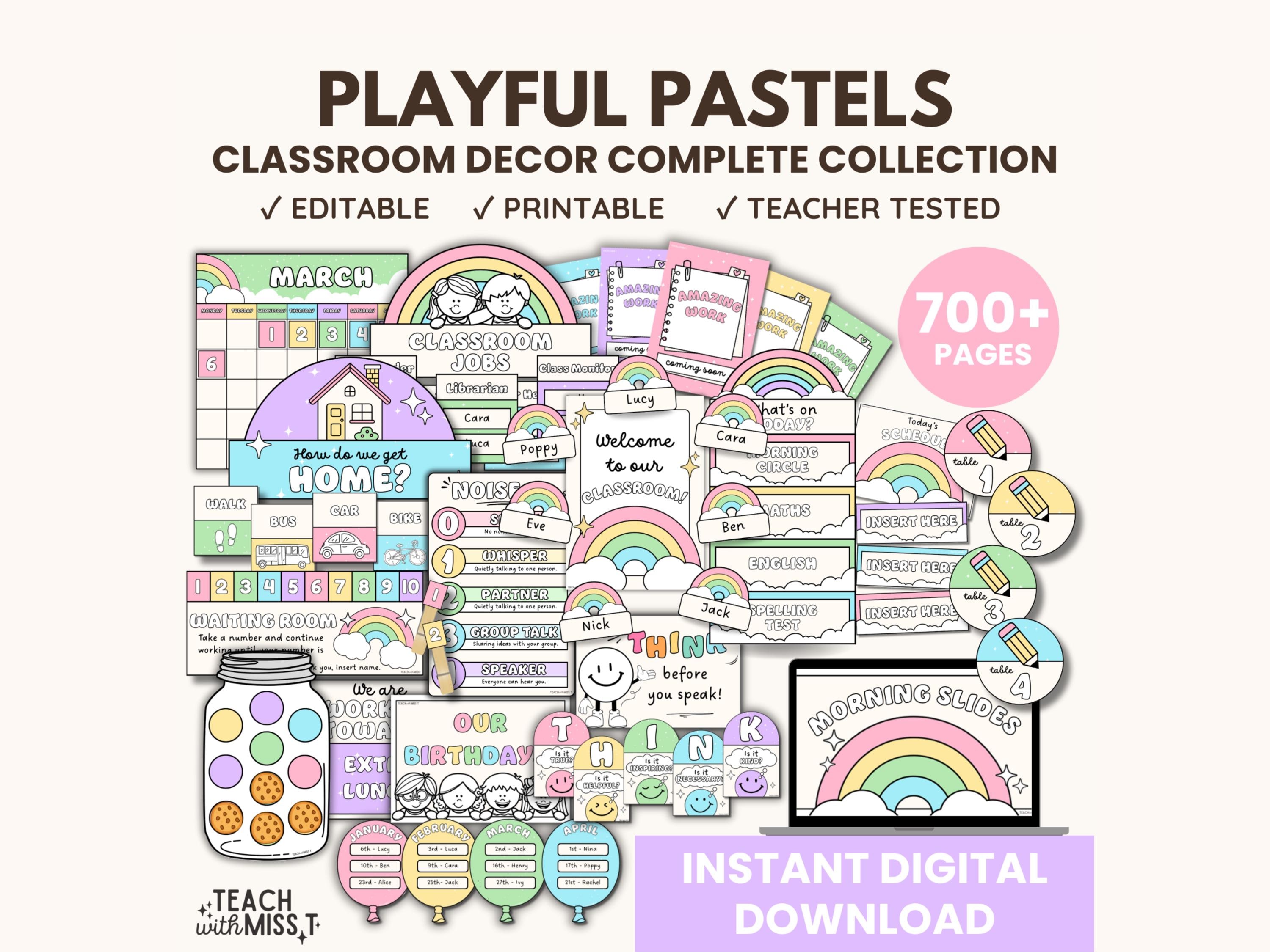 Pastel Rainbow Classroom Decor Bundle | Editable Classroom Printables ...