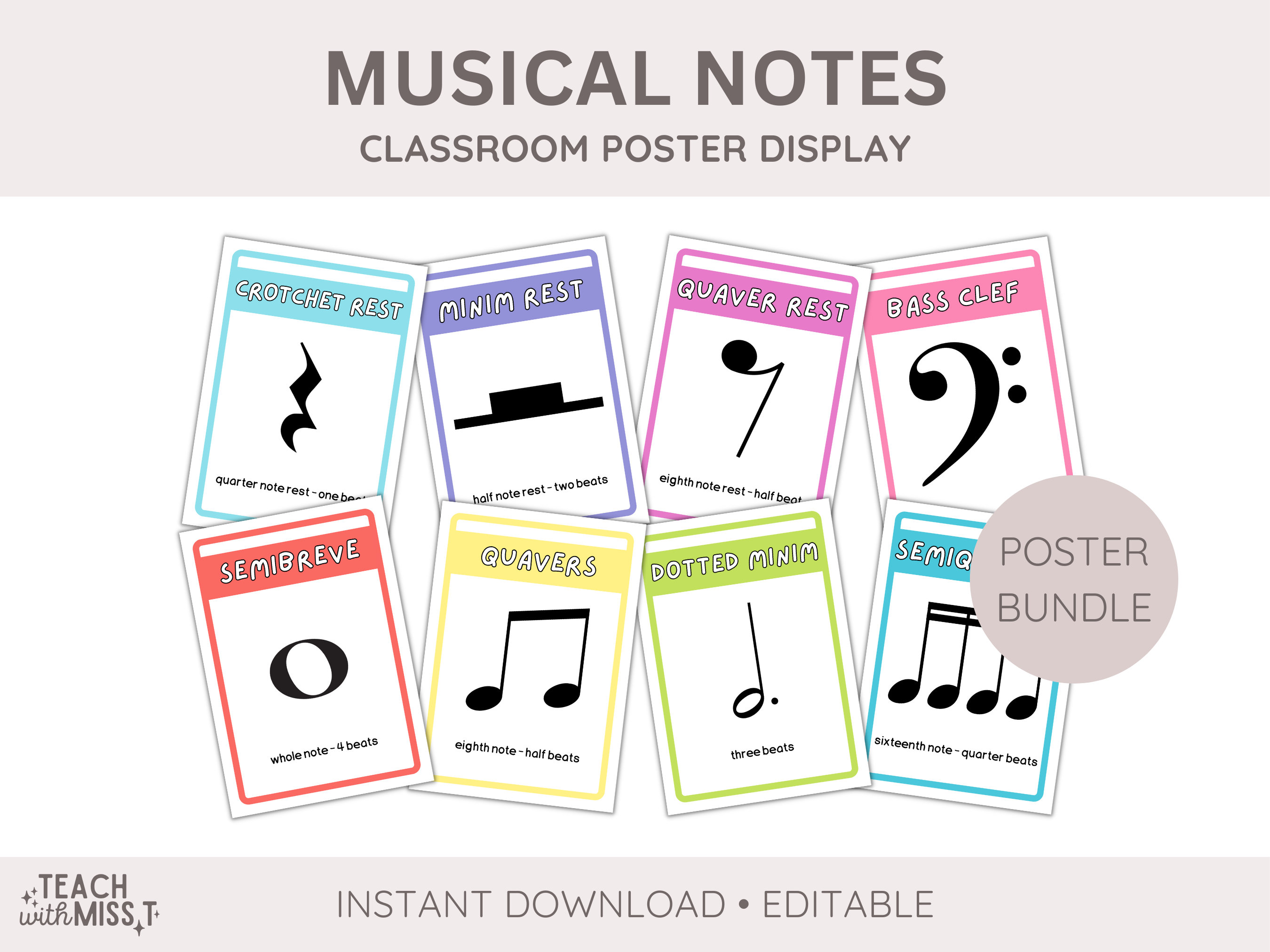 Music Notes Poster Set: Classroom Decor (digital Download) - Etsy