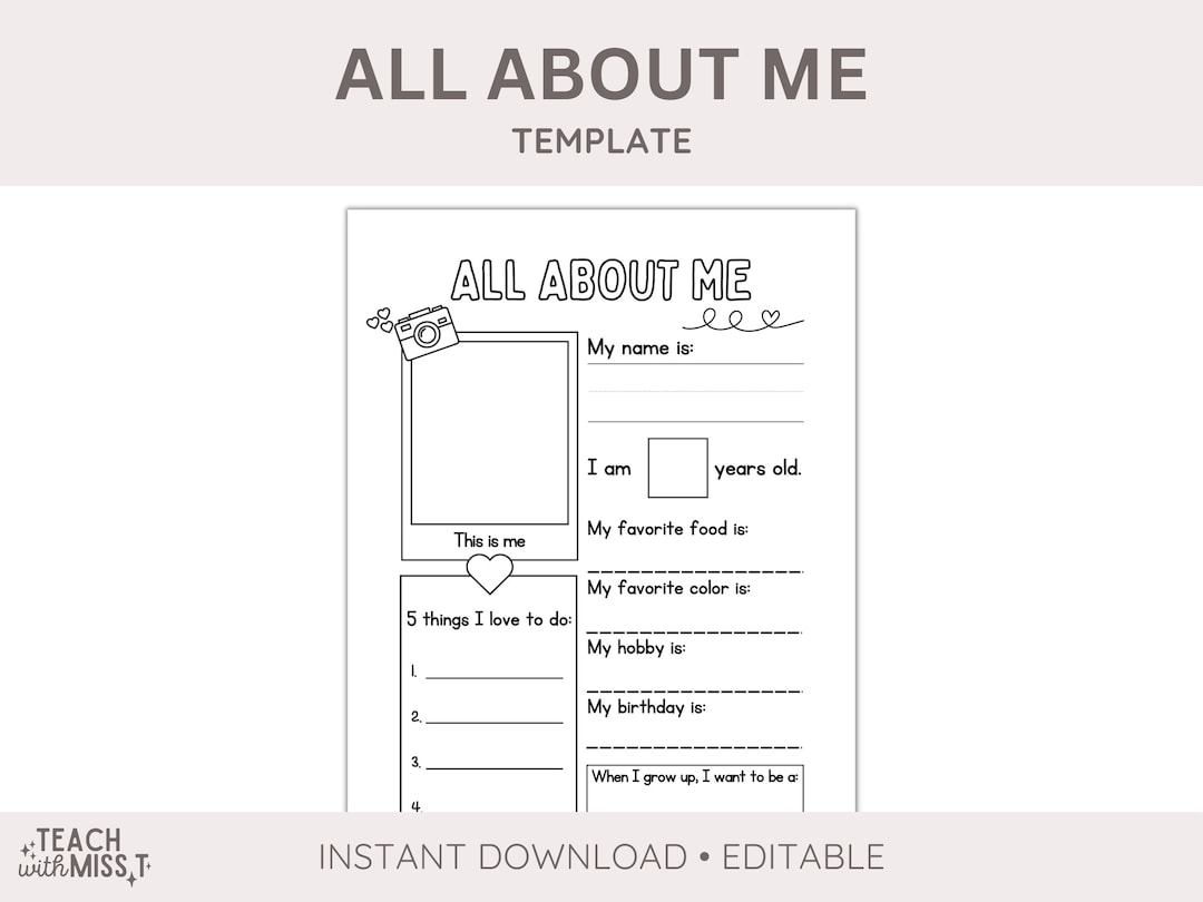 First Day of School 'all About Me' Printable Template (digital Download ...