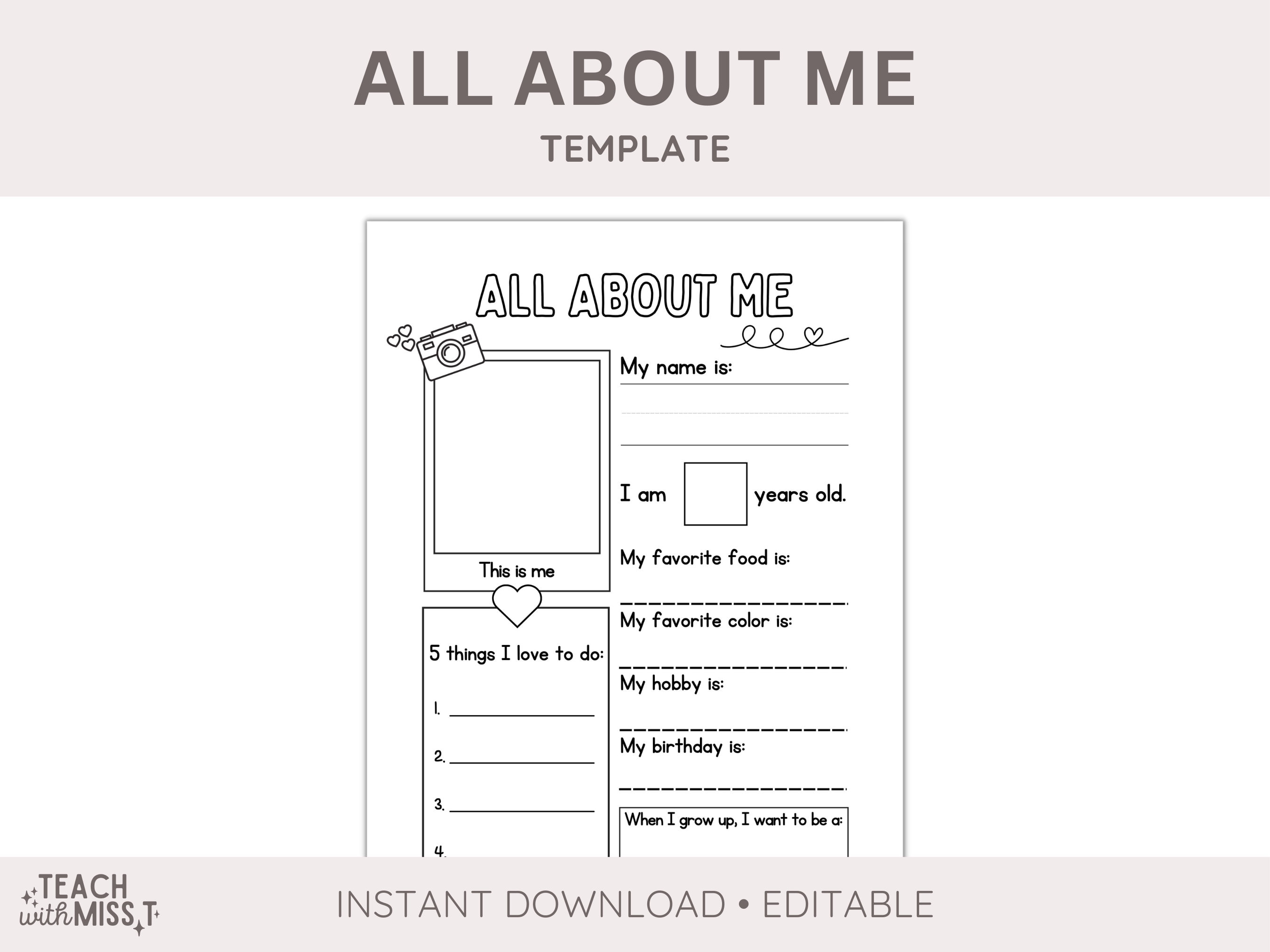 First Day of School 'all About Me' Printable Template (digital Download ...